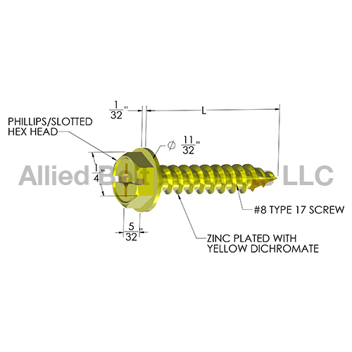 #8 X 2-1/2" SLOTTED/PHILLIP HEX WASHER TYPE 17 SCREW ZINC YELLOW ...